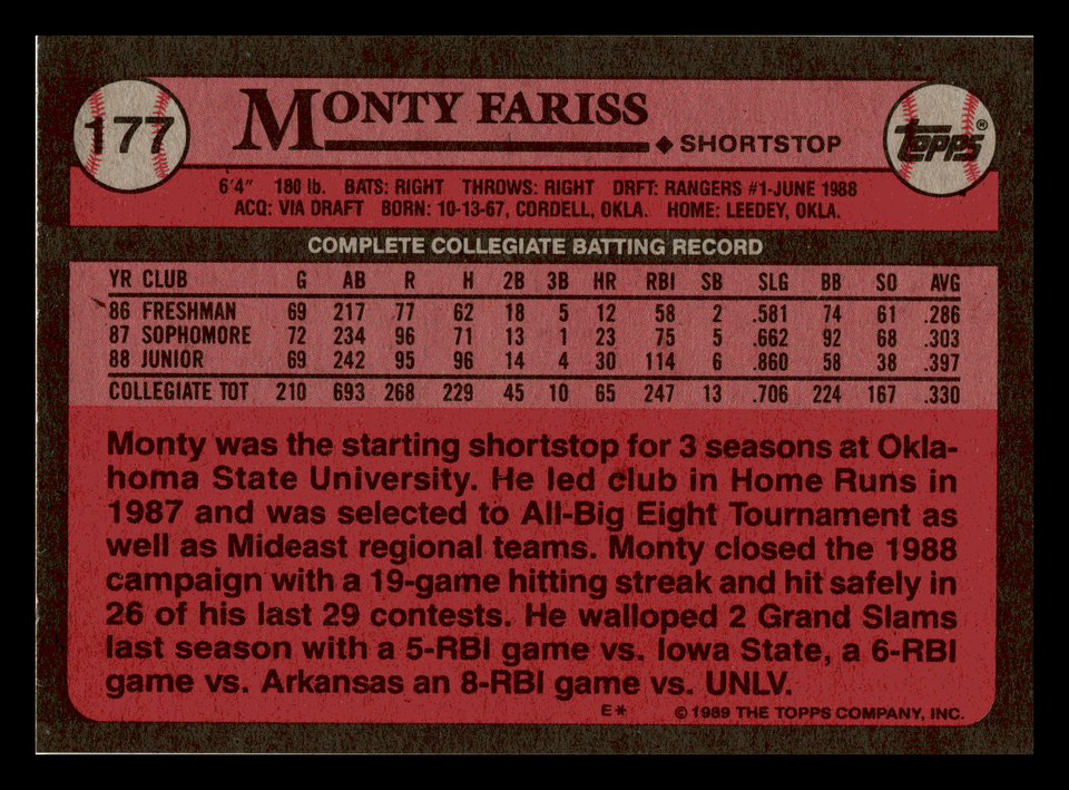1989 Topps Monty Fariss 1st Round Draft Pick RC Rookie #177 Centered ...