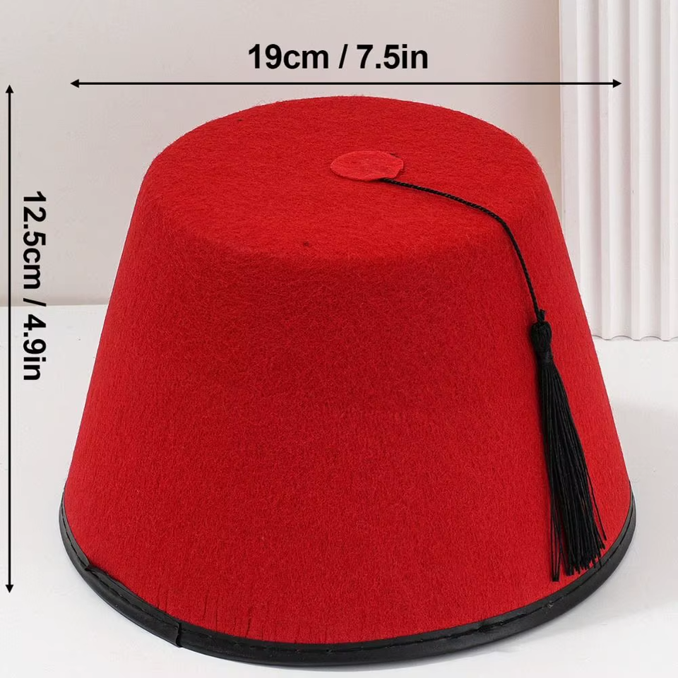 Red Moroccan Fez Hat with Tassels - Breathable Wool Felt Turkish Cap ...