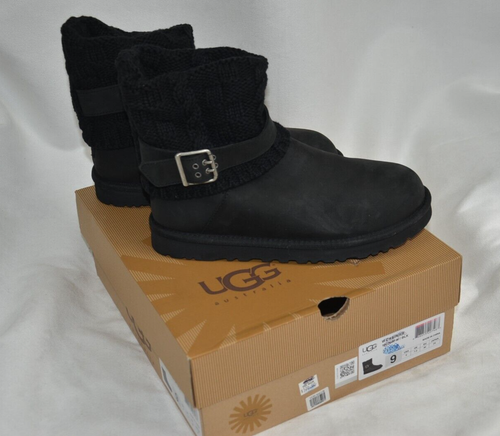 UGG women's black LEATHER Knit CASSIDEE 1007690 w/buckle strap BOOTS sz ...