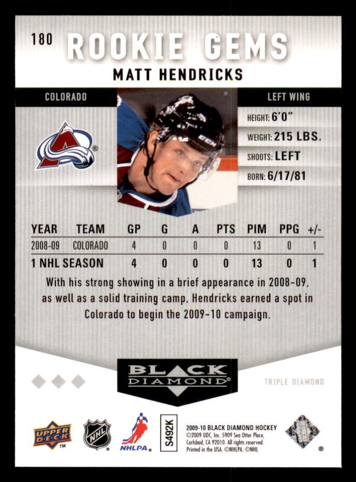 2009-10 Upper Deck Black Diamond #180 Matt Hendricks Colorado Avalanche ...