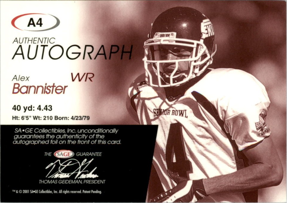 2001 SAGE Autographs Gold #A4 Alex Bannister /200 Auto FB | eBay
