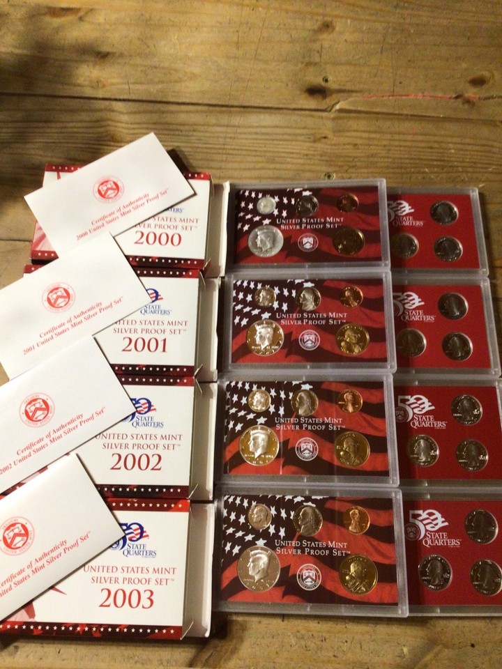 2000-2003 United States Mint Silver Proof 9 coin Set - W/ Boxes & COA ...