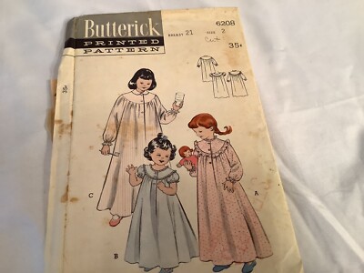 Butterick Pattern #6208 Girls Nightgown Sz 2 Chest 21” Cut | eBay