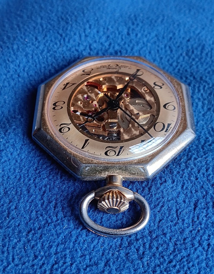 Ermecc 17 Jewel Open Face Skeleton Yellow Plated Swiss Pocket Watch ...