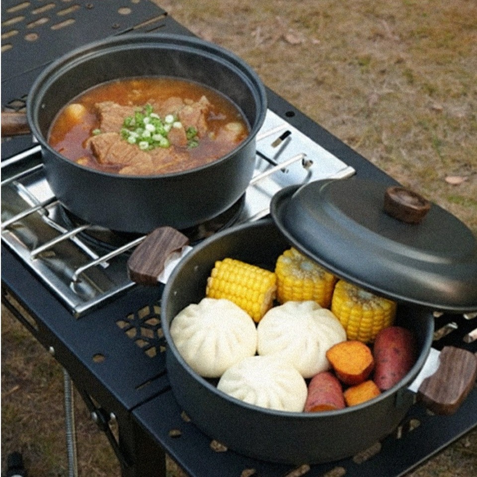 3L Outdoor Cookware Camping Steamer Aluminum Alloy Body Beech Wood ...