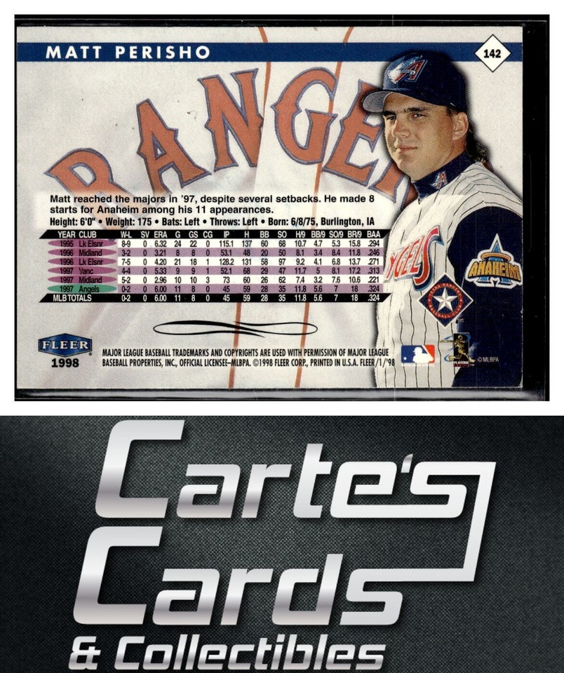 Matt Perisho 1998 Fleer Tradition #142 Texas Rangers TTM/IP Signed ...