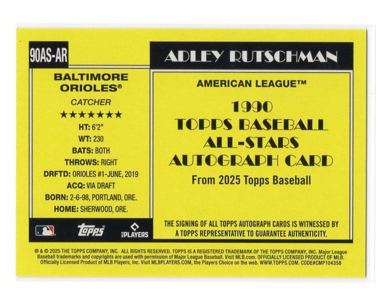 2025 TOPPS Adley Rutschman ( BALTIMORE ORIOLES ) 1990 ALL STAR ON CARD ...