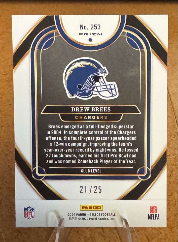 DREW BREES SSP /25 2024 PANINI SELECT TIE-DYE PRIZM CLUB LEVEL CHARGERS ...