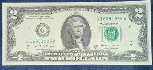 Lucky Two Dollar Bill - Birth Year 1996 Serial Number - 2017 Dated Note ...