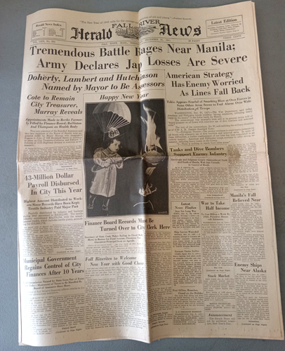 WWII WW2 FALL RIVER HERALD NEWS Newspaper Dec 31, 1941 TREMENDOUS ...