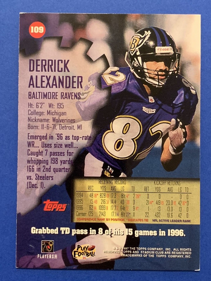 DERRICK ALEXANDER Signed 1997 TSC #109 Ravens Michigan Wolverines ...