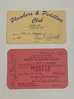 Plumbers & Peddlers Club and Master Plumber License Cards Vintage 1950s ...