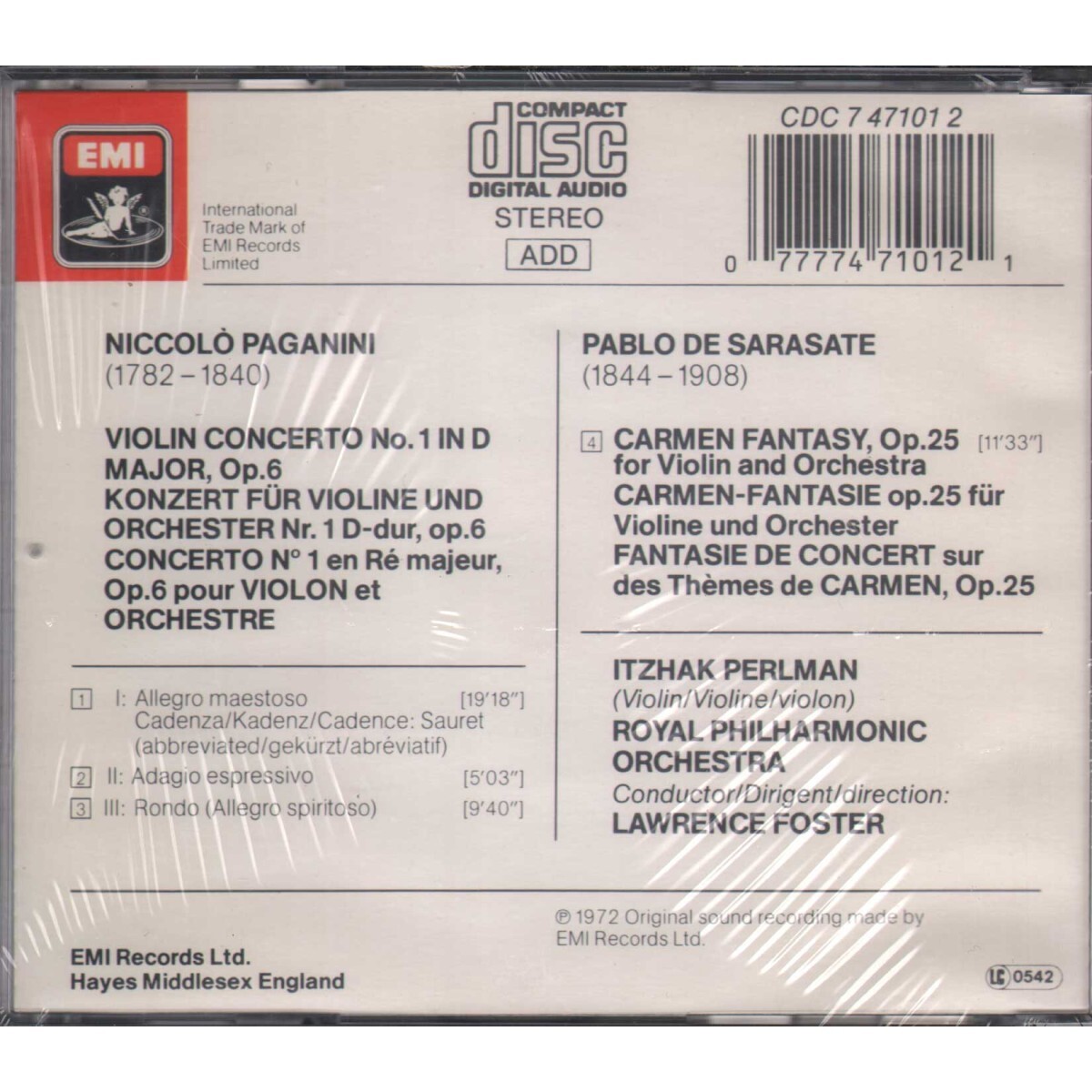 Paganini, Sarasate, Perlman CD Violin Concerto No. 1/Carmen Fantasy ...