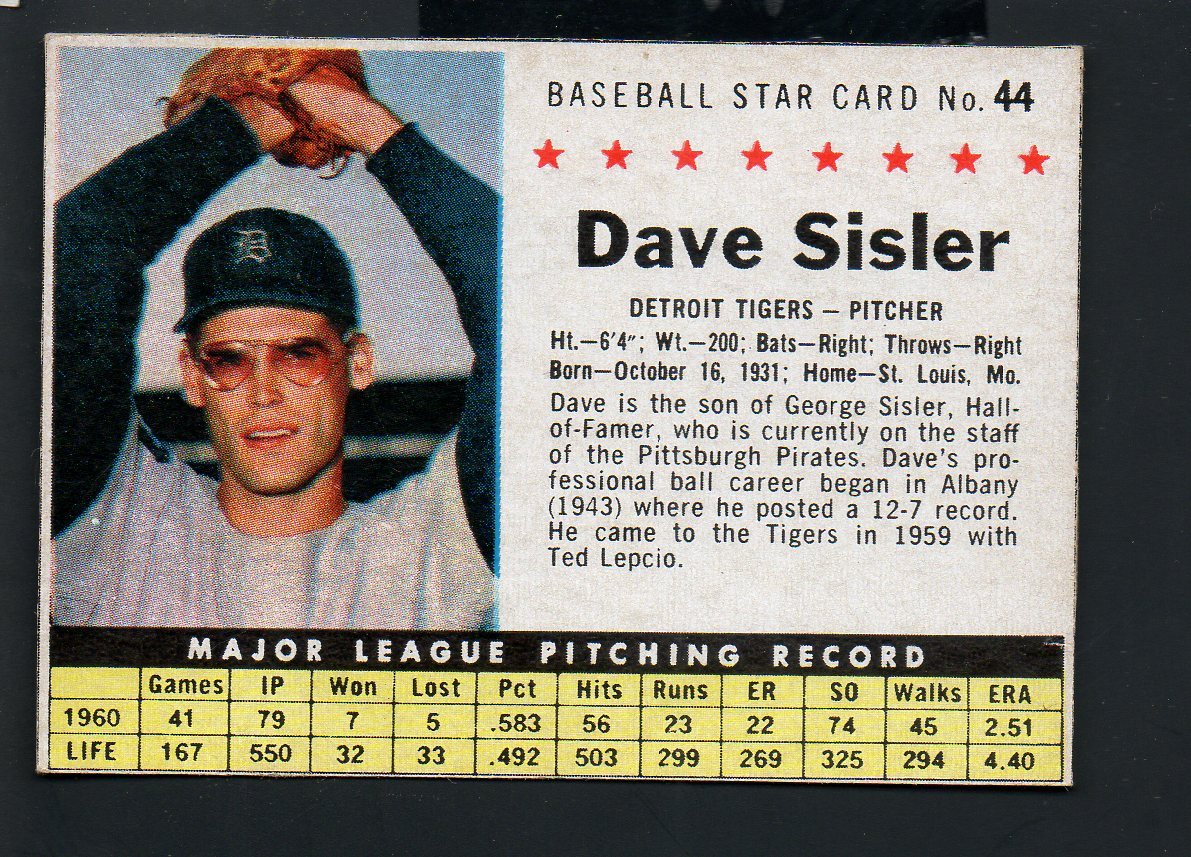 1961 Post Baseball Card #44A Dave Sisler-Detroit Tigers Ex Mint Card | eBay