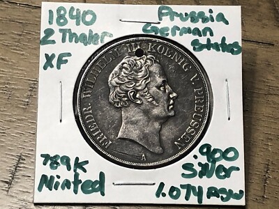 1840 2 THALER PRUSSIA German States WILHELM Silver Coin 3 1/2 Gulden ...