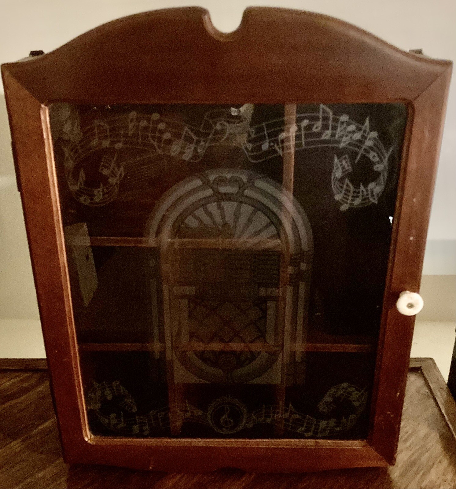 Etched Curio Display Cabinet With Jukebox Door And Collectibles Display ...