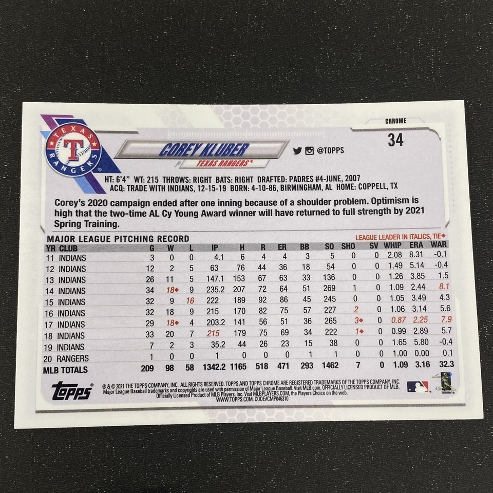 2021 Topps Chrome PRISM REFRACTOR Corey Kluber #34 Parallel Card Texas ...