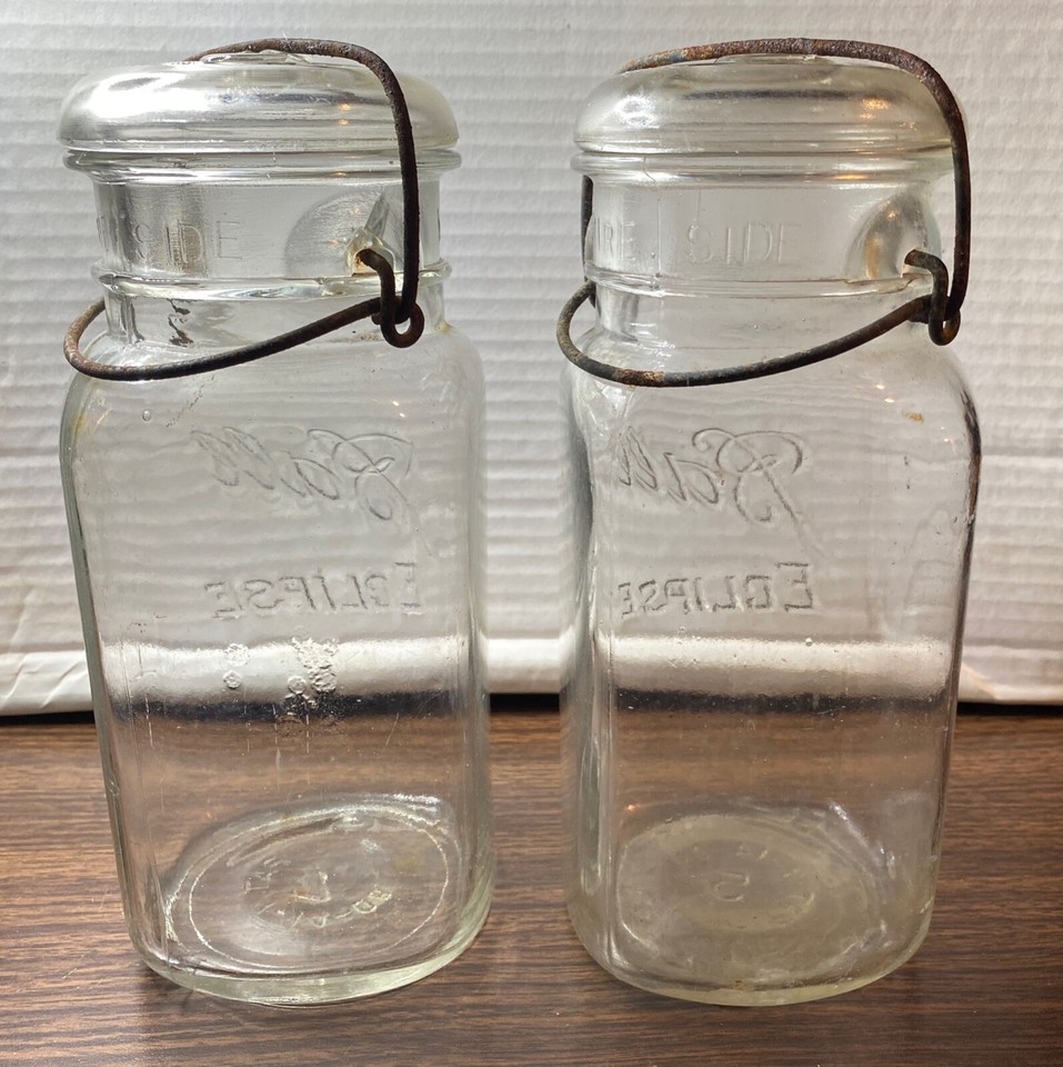TWO Vintage Ball Eclipse Quart Jars with Glass Lids & Wire Bale "5 ...