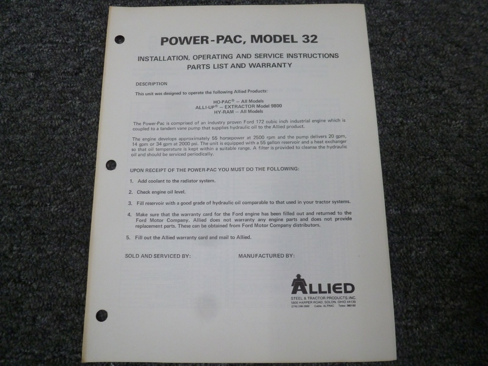 Allied 32 Power-Pac Power Supply Engine Parts Operator Maintenance ...