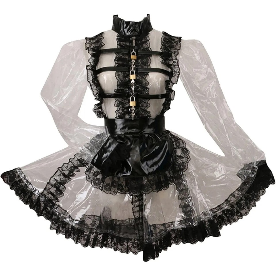 Lockable Sexy Clear PVC Black Lace Frills Perspective Maid Dress Sissy ...