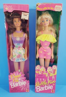 Lot Two (2) NEW Barbie Dolls 1994 Ruffle Fun #12433 & 1996 Flower Fun ...