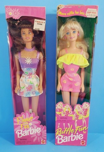 Lot Two (2) NEW Barbie Dolls 1994 Ruffle Fun #12433 & 1996 Flower Fun ...
