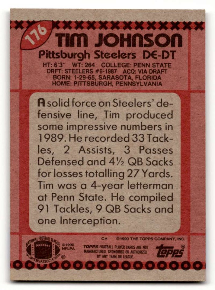 1990 Topps #176 Tim Johnson Pittsburgh Steelers Football Cards ID:60309 ...