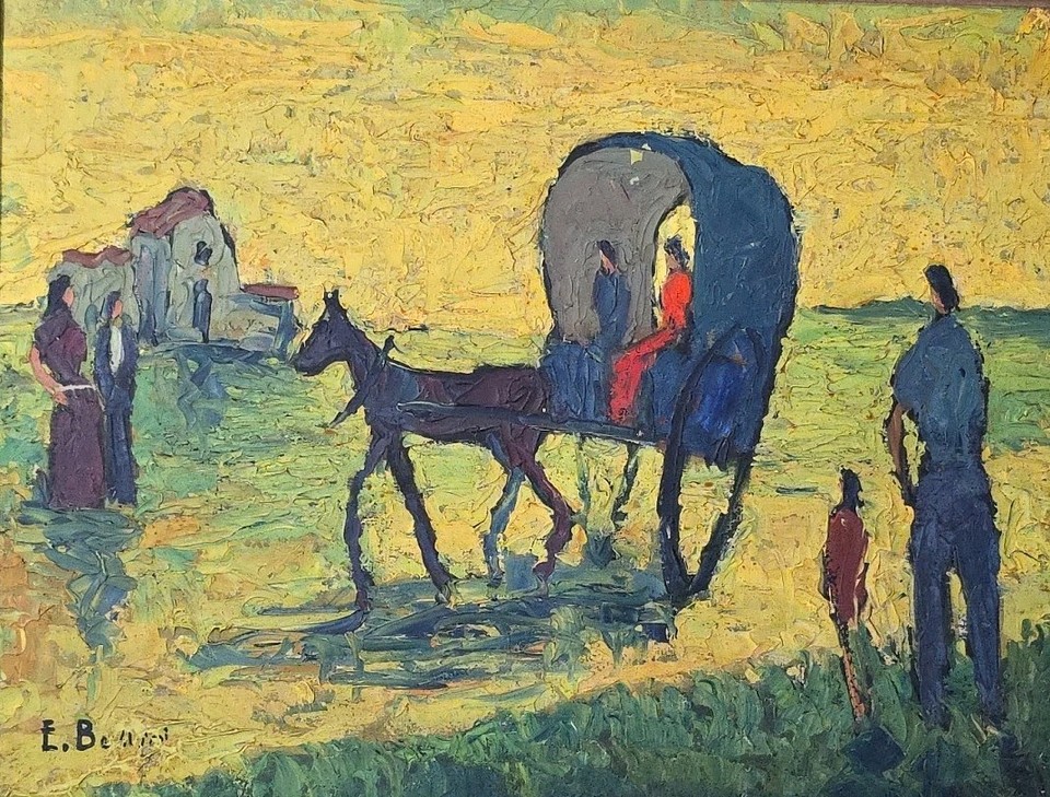 Oil Painting Animated Landscape Cariole Signed Emmanuel BELLINI (1904 ...