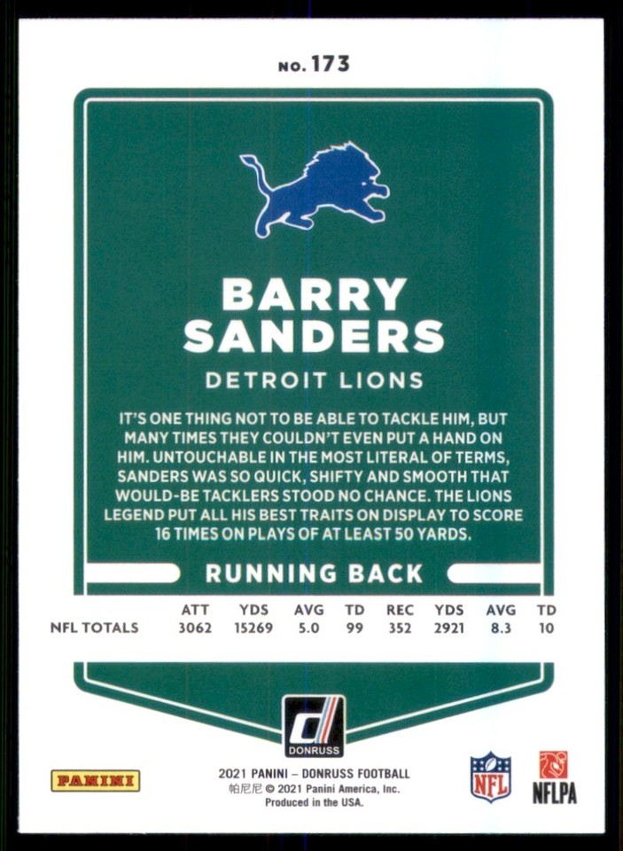 2021 Donruss Barry Sanders Detroit Lions #173 174154 | eBay