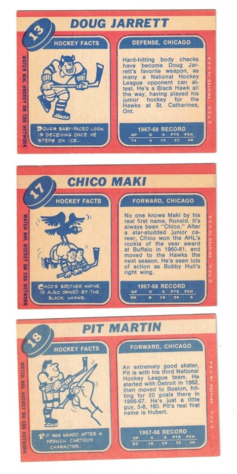 1968 Topps Hockey CHICAGO BLACK HAWKS 3 cards lot Maki Jarrett Martin ...