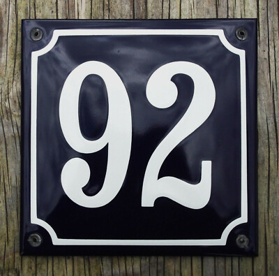 HOUSE NUMBER 92, FRENCH ENAMEL SIGN. WHITE No.92 ON A BLUE BACKGROUND ...