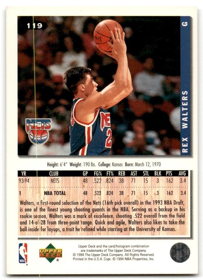 1994-95 Upper Deck Collector's Choice Basketball Card Rex Walters #119 ...