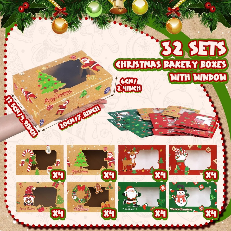 32 Pcs Christmas Cookie Boxes with Window Xmas Bakery Pastry Boxes 8 ...