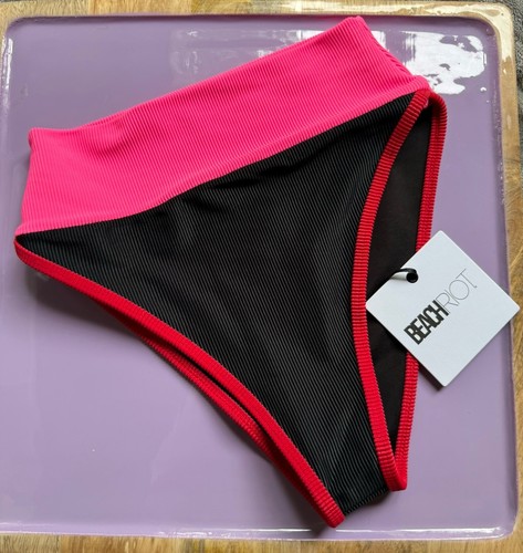 NWT BEACH RIOT Wm Emmy Bikini Bottom XS Pink Black Red Colorblock High ...