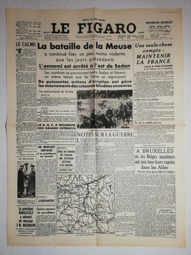N1156 La Une Du Journal Le Figaro 17 Mai 1940 bataille de la Meuse | eBay