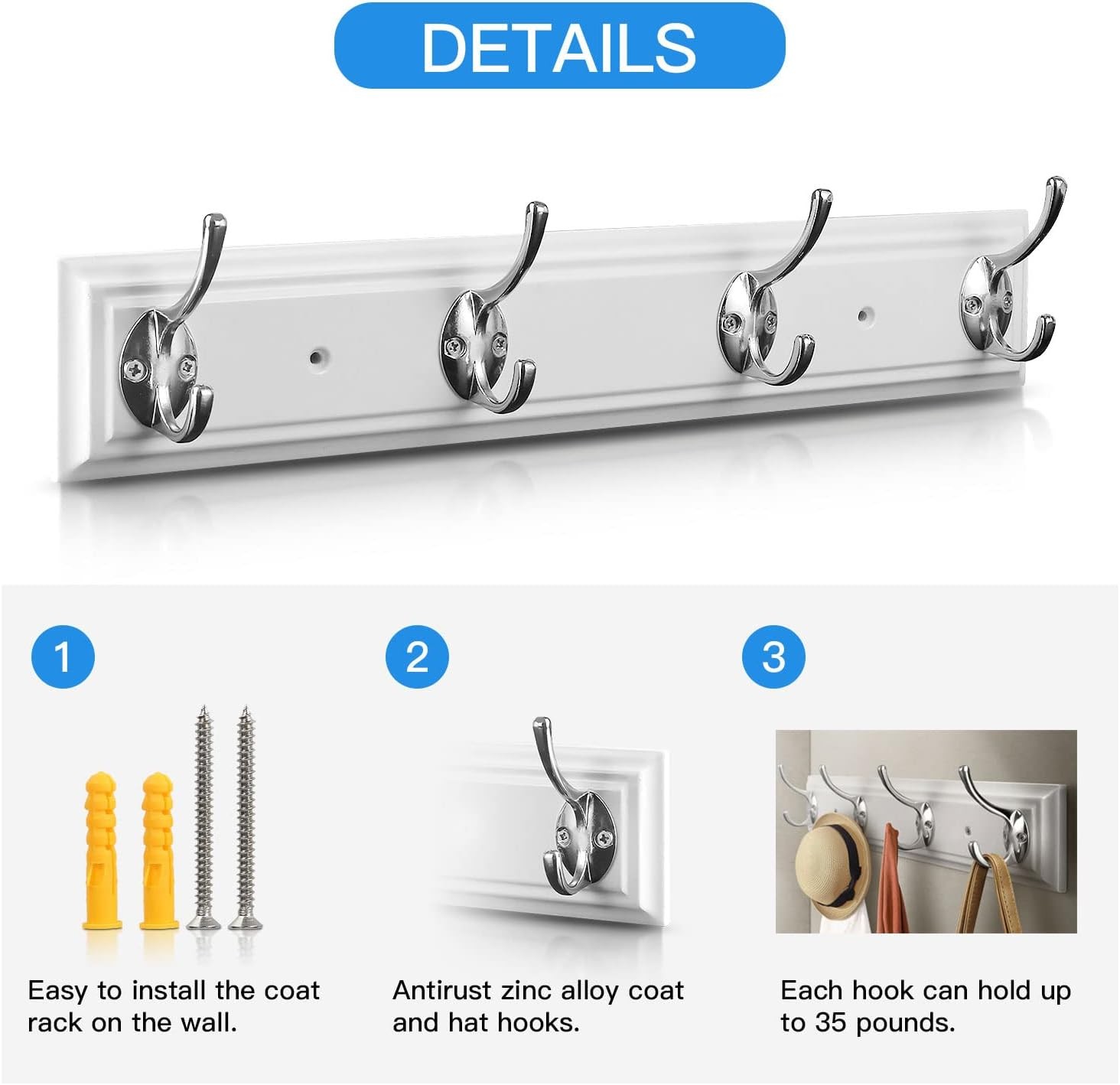 White Wall Mounted Coat Rack, Wooden Modern Coat Hooks Hanging Clothes ...