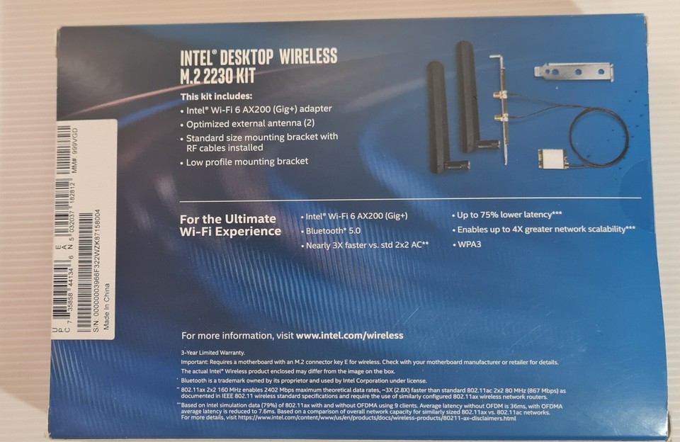 Intel Desktop wireless Kit AX200.NGWG.DTK AX200 Gig+ Wi-Fi 6 M2. 2230 ...