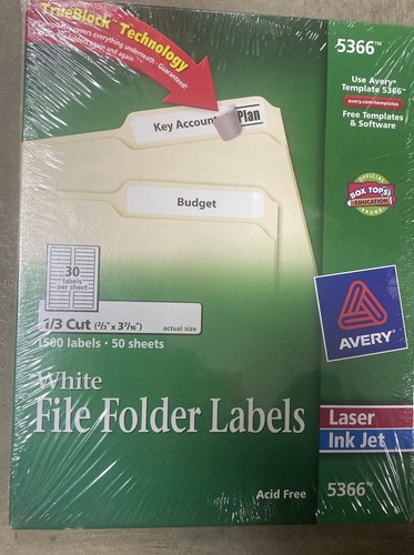 NEW ~ Avery Laser Ink Jet White Filing Labels #5366 ~ 1/3 Cut ~ 1500 ...