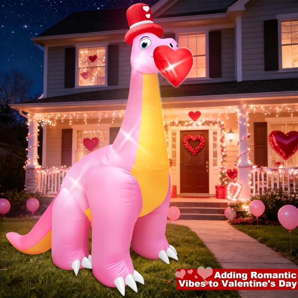 8FT Valentine's Day Pink Dinosaur Inflatable Yard Decoration with LEDs ...