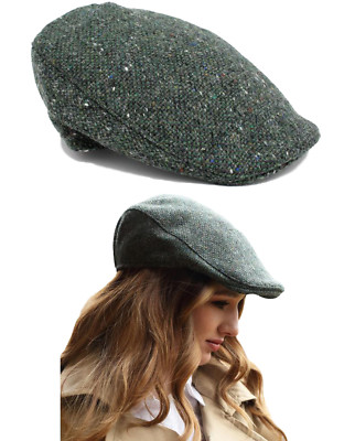 Men's Donegal Tweed Touring Cap Hat Green Herringbone 100% Wool S - XXL ...