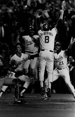 Jim Sundberg Kansas City Royals leaps into the arms of Buddy Bianc- Old ...