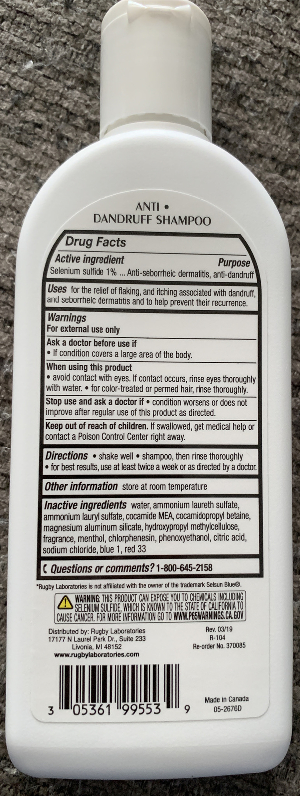 Rugby Selenium Sulfide Anti-Dandruff Shampoo Blue Formula Leaves Hair ...