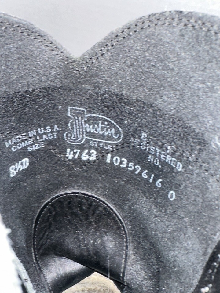 Men's Justin USA Black Leather Round Toe Roper Western Work Boots Size ...