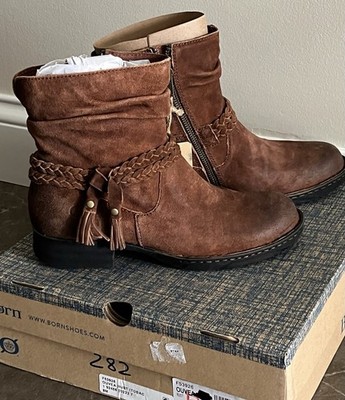 NEW-Size 8 BORN OUVEA Zip Boot Rust Brown Distress Suede Braided Tassle ...