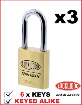 3 x Lockwood Commercial Grade Padlocks + 6 Keys keyed alike 334B45/148 ...
