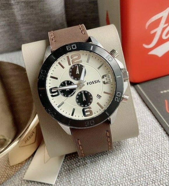Fossil BQ2202 Tachymeter Chronograph Silver Brown Leather Strap Men ...