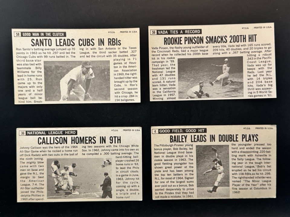 Pinson, Santo, Callison, Bailey, 1964 Topps Giants, 4 Card Lot, Cards ...