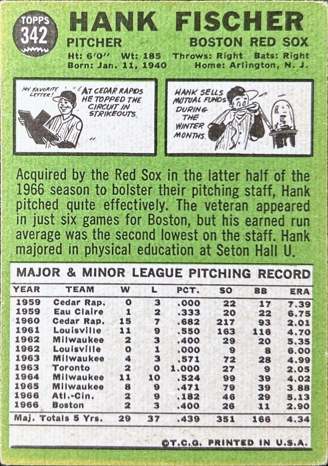1967 Topps - Hank Fischer #342 - Boston Red Sox - EX | eBay