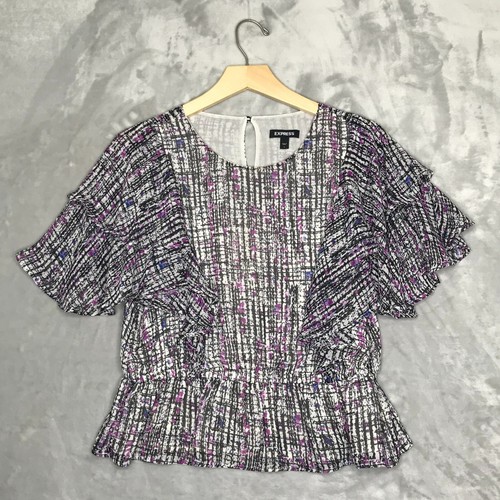 Express Top Womens Large White Black Purple Abstract Ruffle Sleeve ...