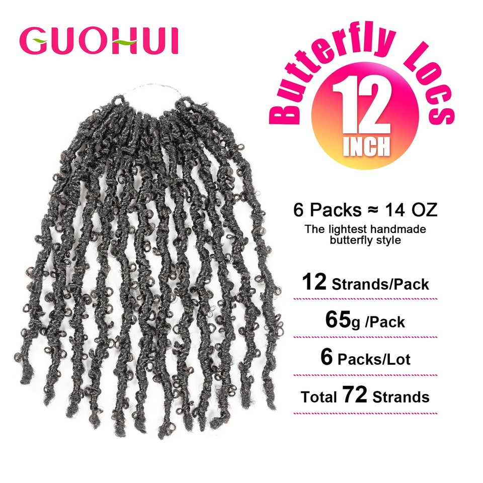 GUOHUI 12" Super Light Butterfly Locs Crochet Hair 6 Packs Pre-Looped ...